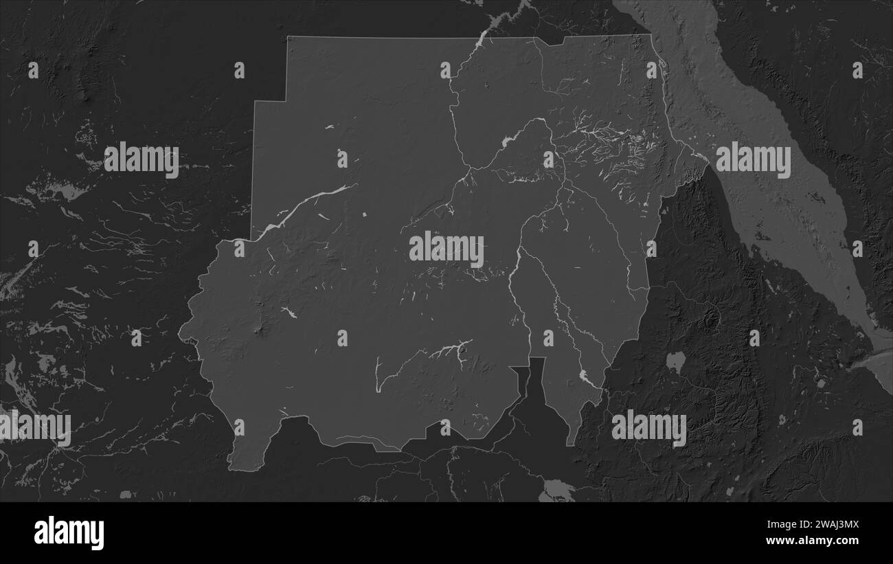 Sudan highlighted on a Bilevel elevation map with lakes and rivers ...