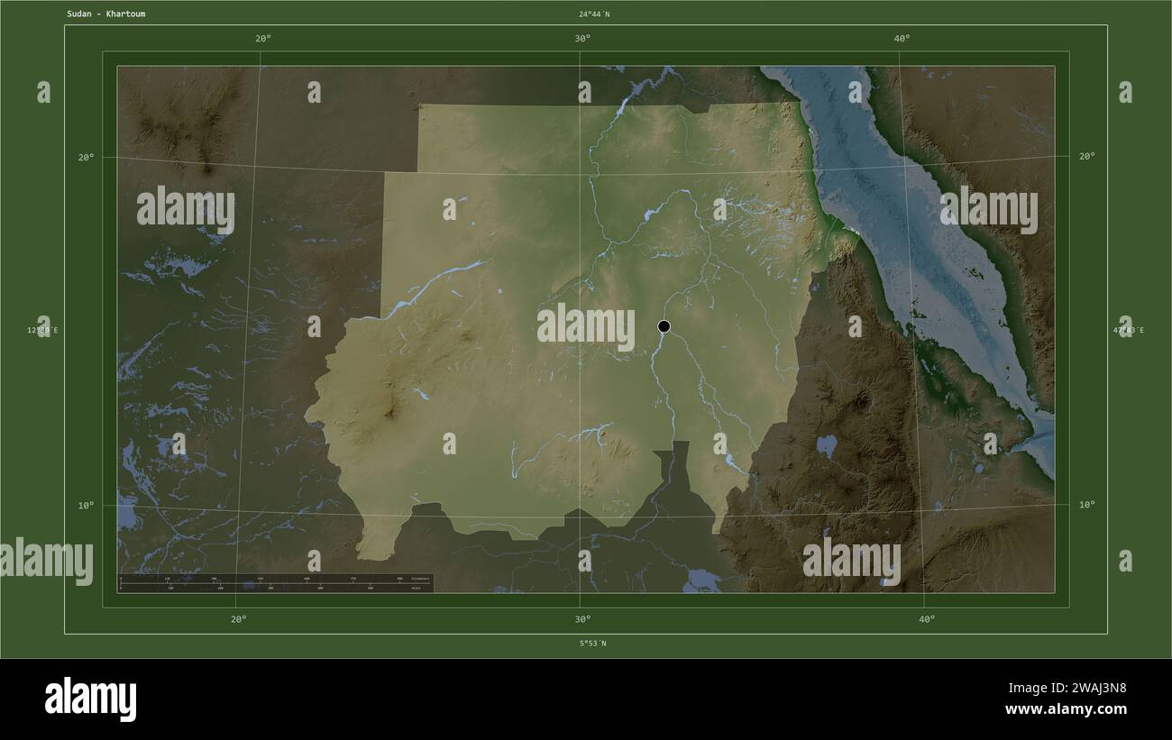 Sudan highlighted on a Pale colored elevation map with lakes and rivers ...