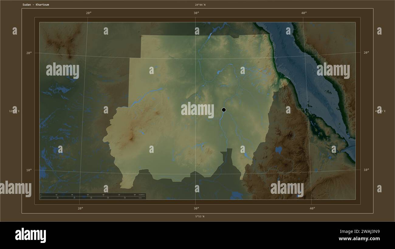 Sudan highlighted on a Colored elevation map with lakes and rivers map ...