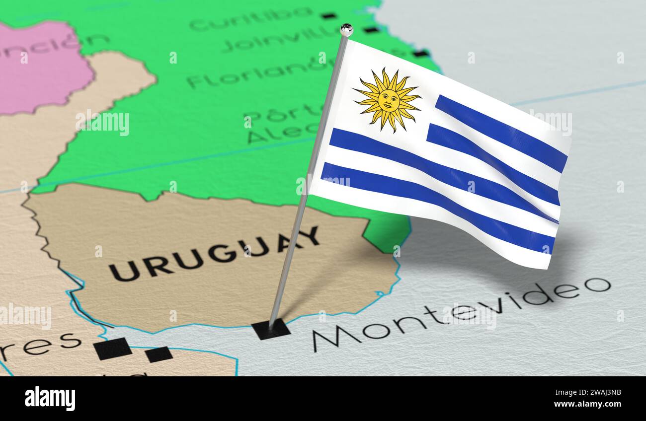 Uruguay, Montevideo - national flag pinned on political map - 3D ...
