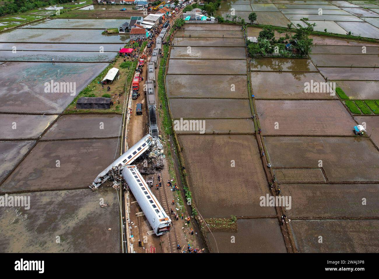 TRAIN ACCIDENT Aerial photo shows a view of two trains after they ...