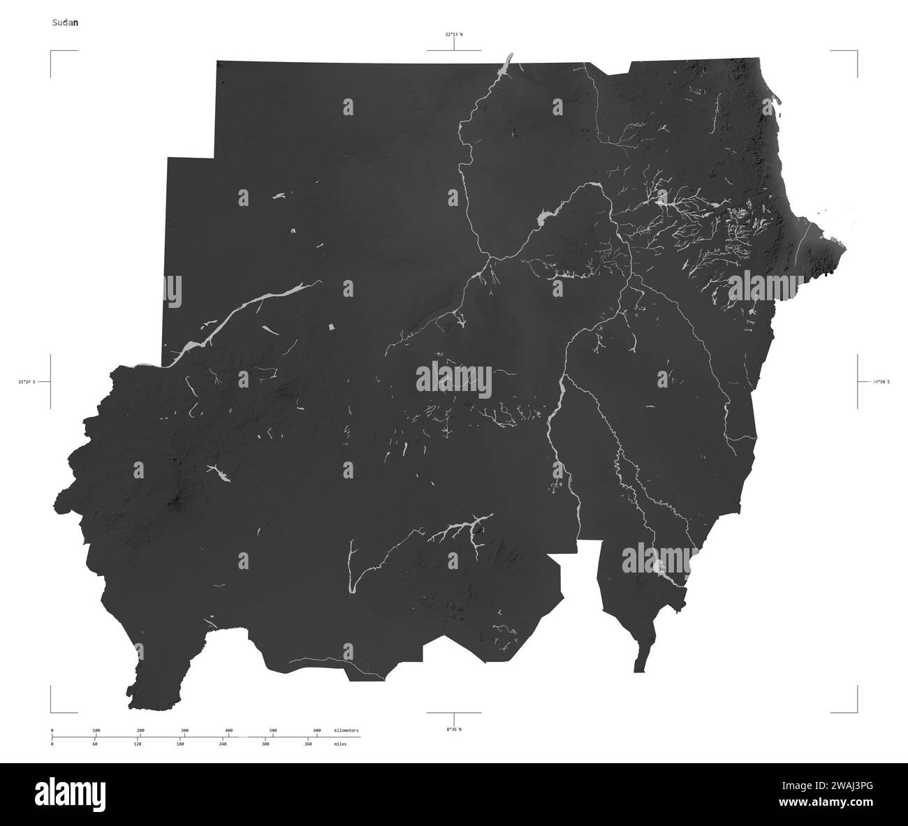 Shape of a Grayscale elevation map with lakes and rivers of the Sudan ...