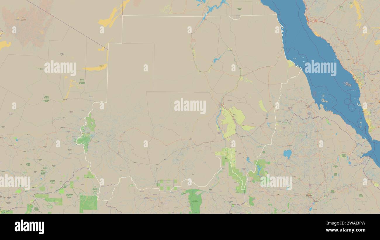 Sudan outlined on a topographic, OSM standard style map Stock Photo - Alamy