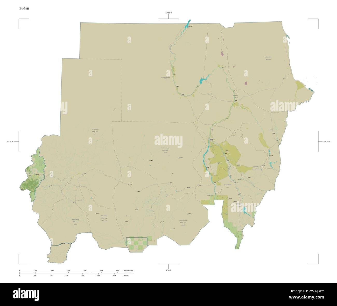 Shape of a topographic, OSM Humanitarian style map of the Sudan, with ...