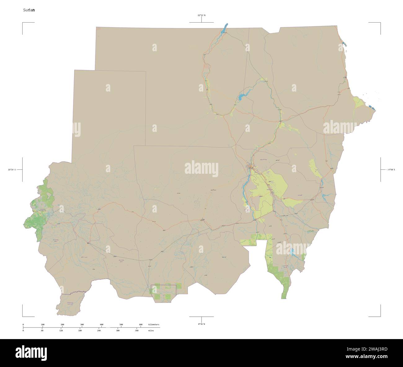 Shape of a topographic, OSM standard style map of the Sudan, with ...
