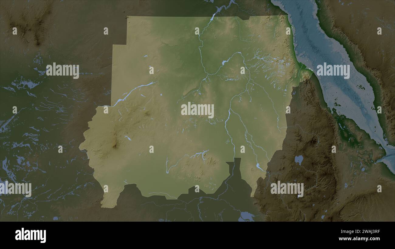 Sudan highlighted on a Pale colored elevation map with lakes and rivers ...