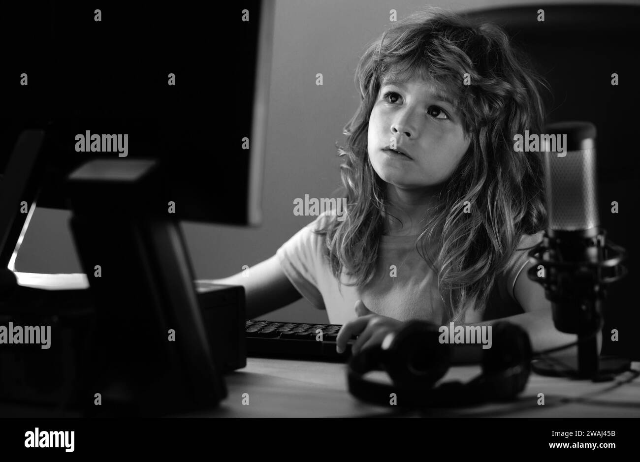 Clever kids learning online home. Caucasian child boy working on laptop ...