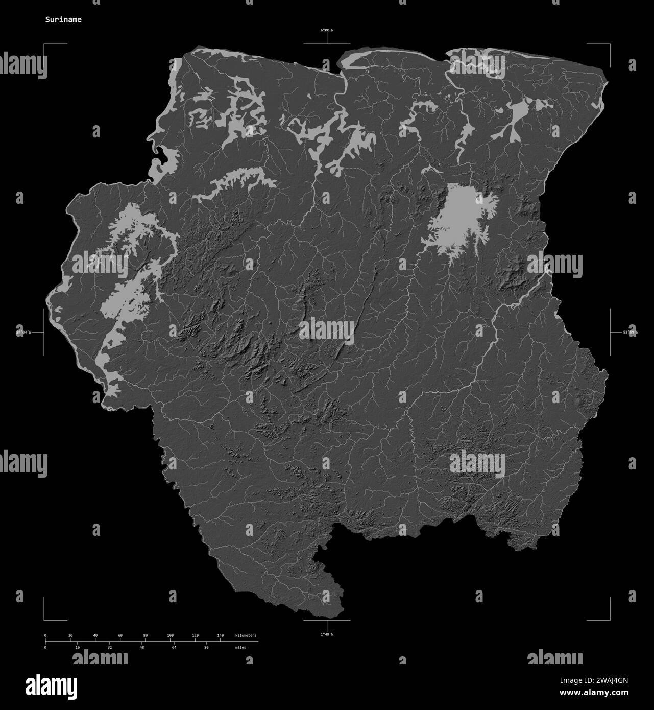 Shape of a Bilevel elevation map with lakes and rivers of the Suriname, with distance scale and ...