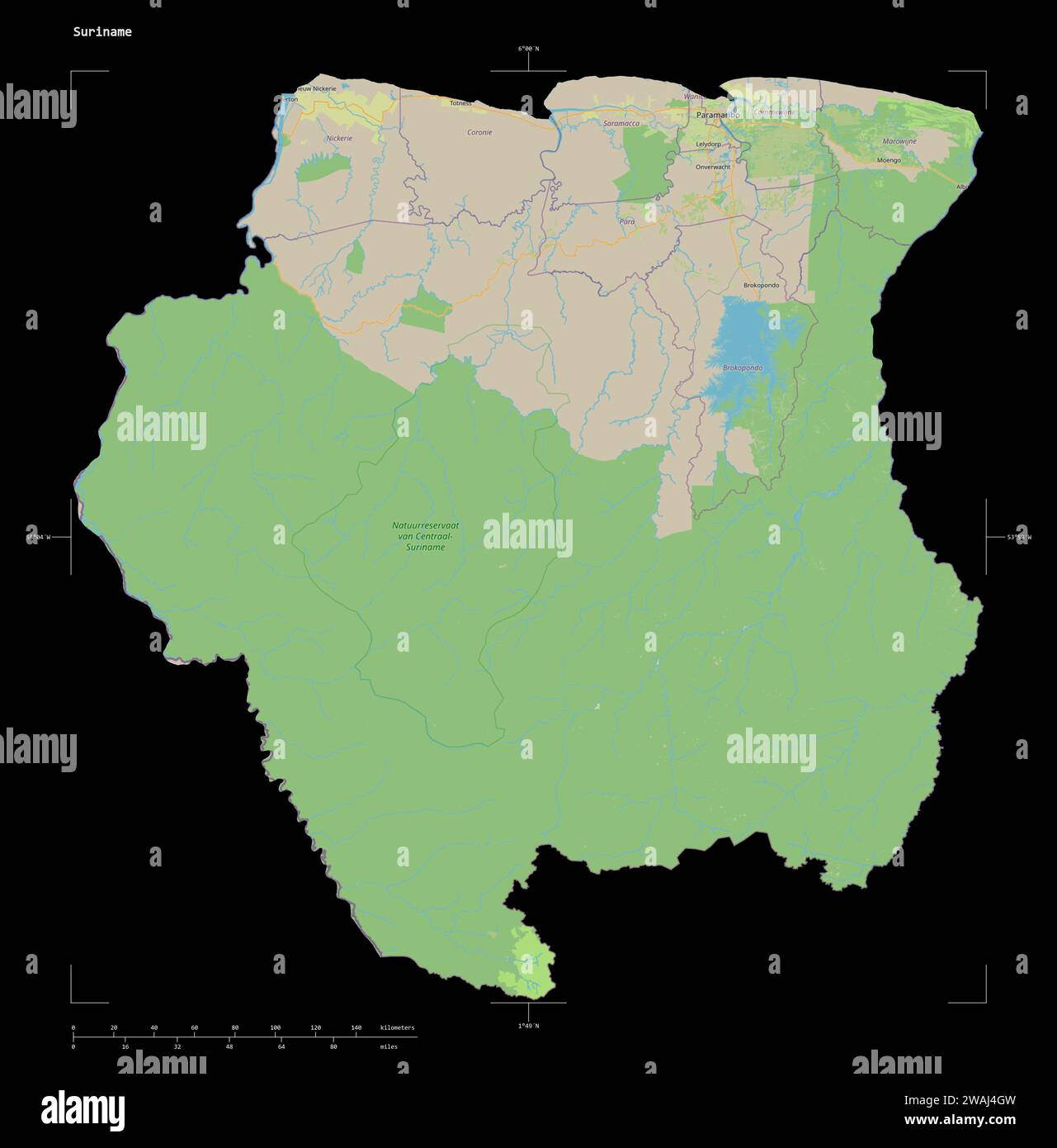 Shape of a topographic, OSM standard style map of the Suriname, with ...
