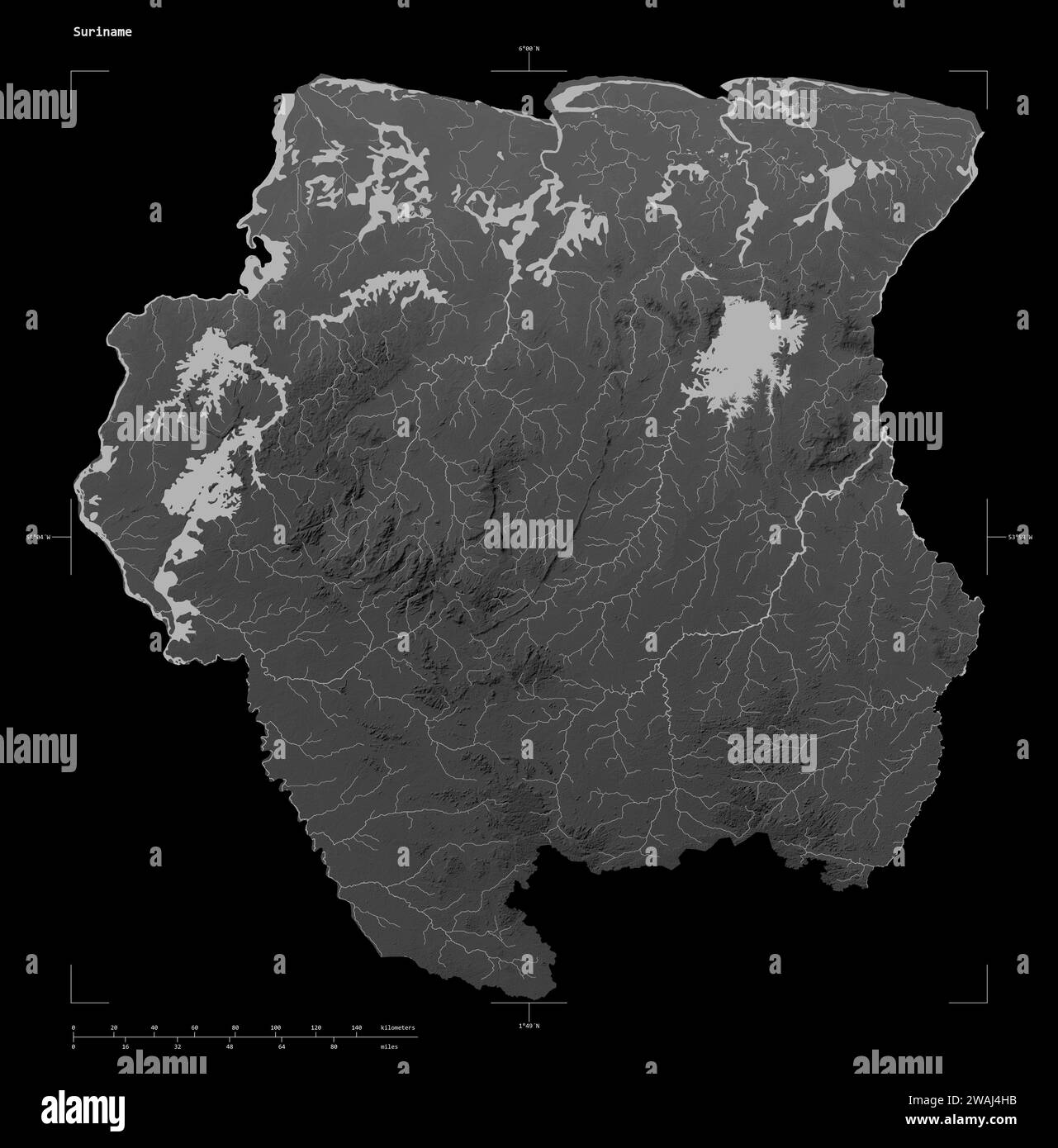 Shape of a Grayscale elevation map with lakes and rivers of the Suriname, with distance scale ...