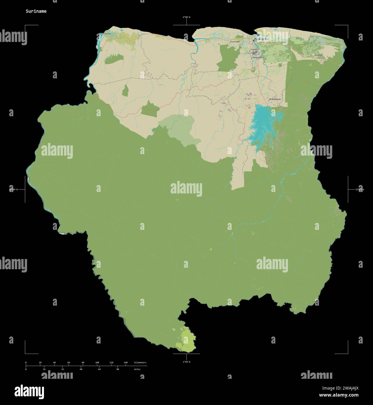 Shape of a topographic, OSM Humanitarian style map of the Suriname ...