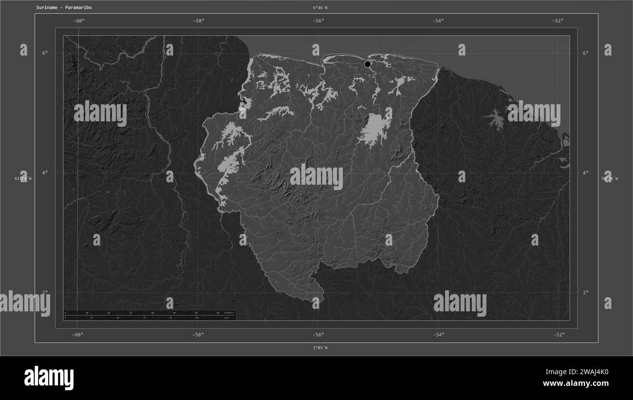 Suriname highlighted on a Bilevel elevation map with lakes and rivers map with the country's ...