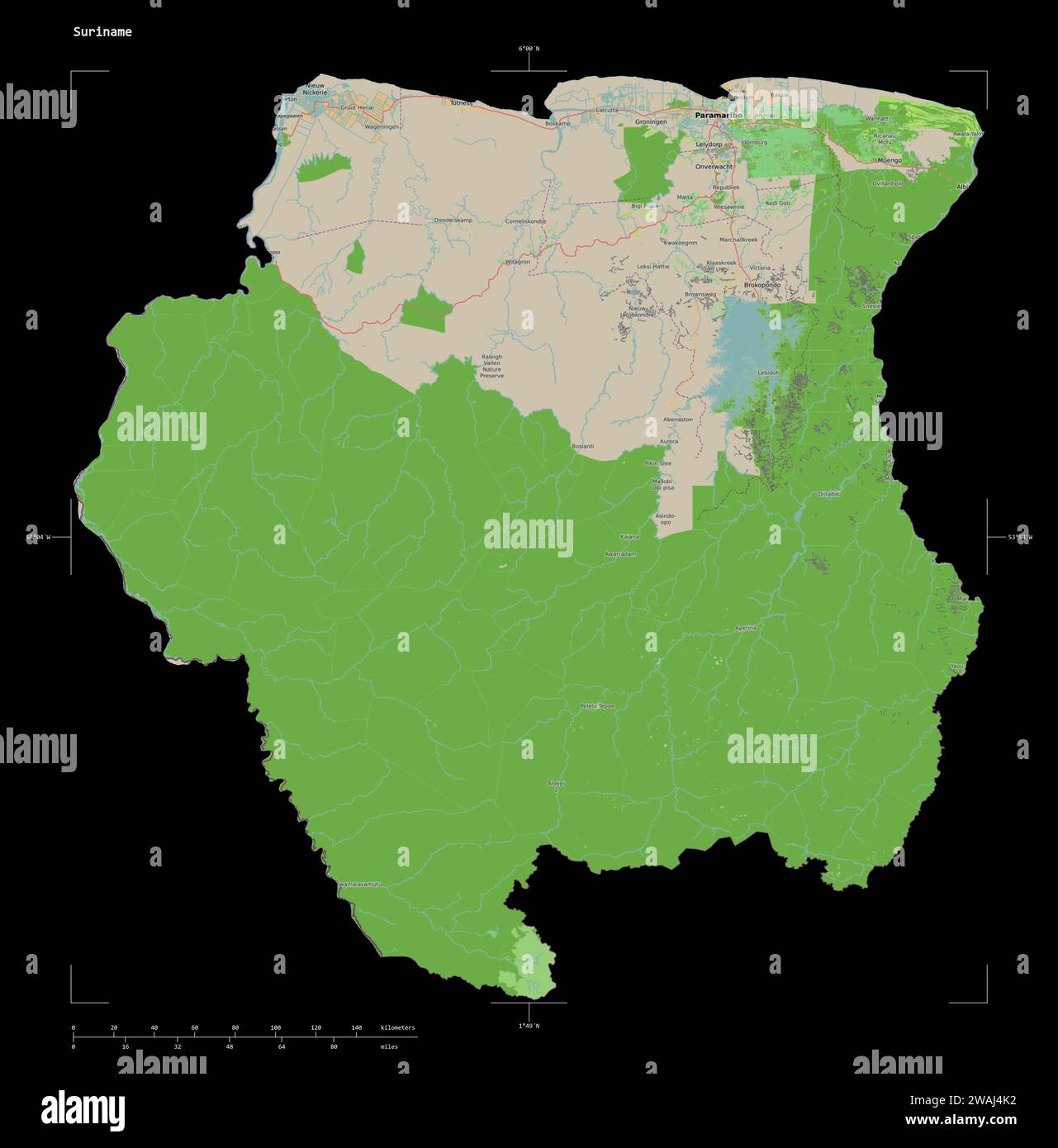 Shape of a topographic, OSM France style map of the Suriname, with ...