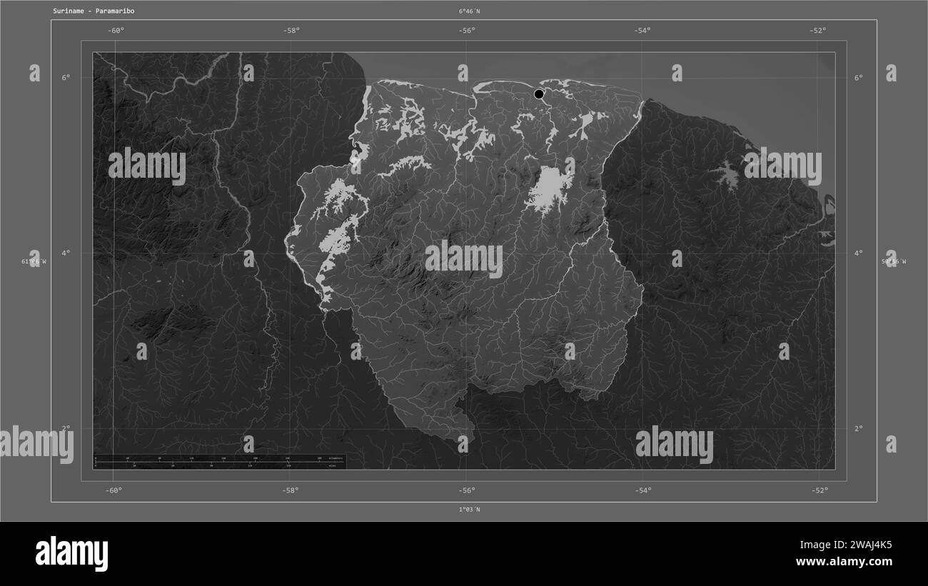 Suriname highlighted on a Grayscale elevation map with lakes and rivers map with the country's ...