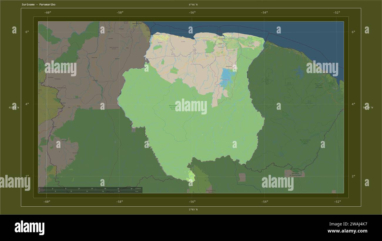 Suriname highlighted on a topographic, OSM standard style map map with the country's capital ...