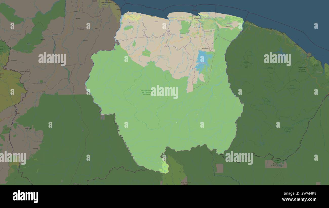 Suriname highlighted on a topographic, OSM standard style map Stock ...