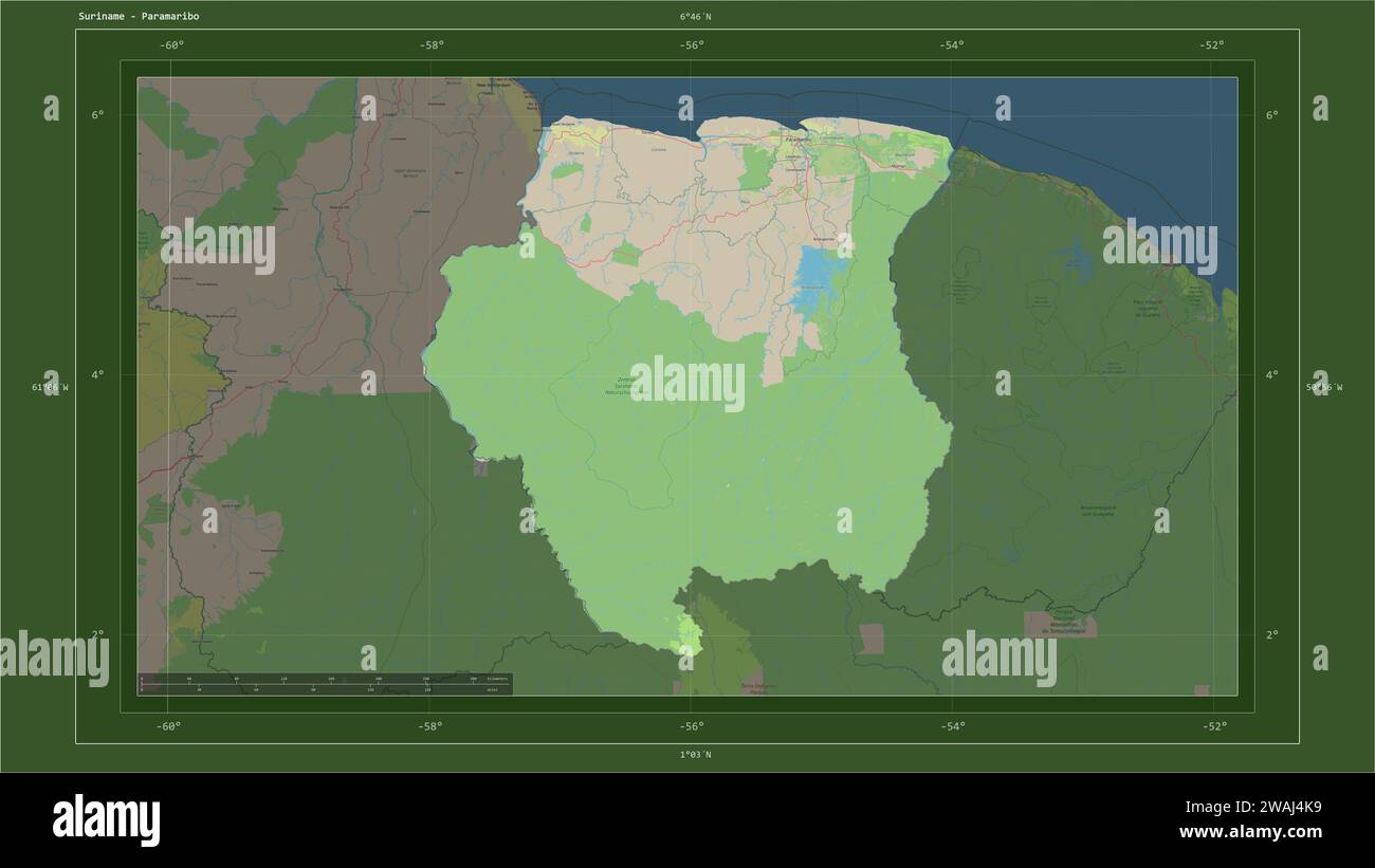 Suriname highlighted on a topographic, OSM Germany style map map with ...