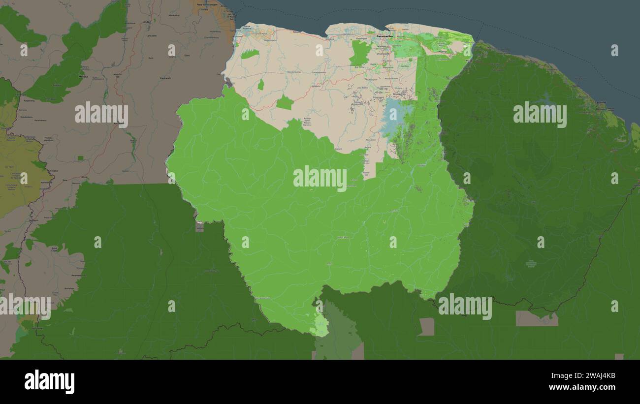 Suriname highlighted on a topographic, OSM France style map Stock Photo ...