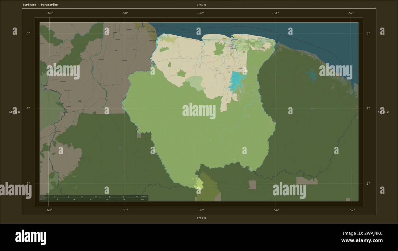 Suriname highlighted on a topographic, OSM Humanitarian style map map ...