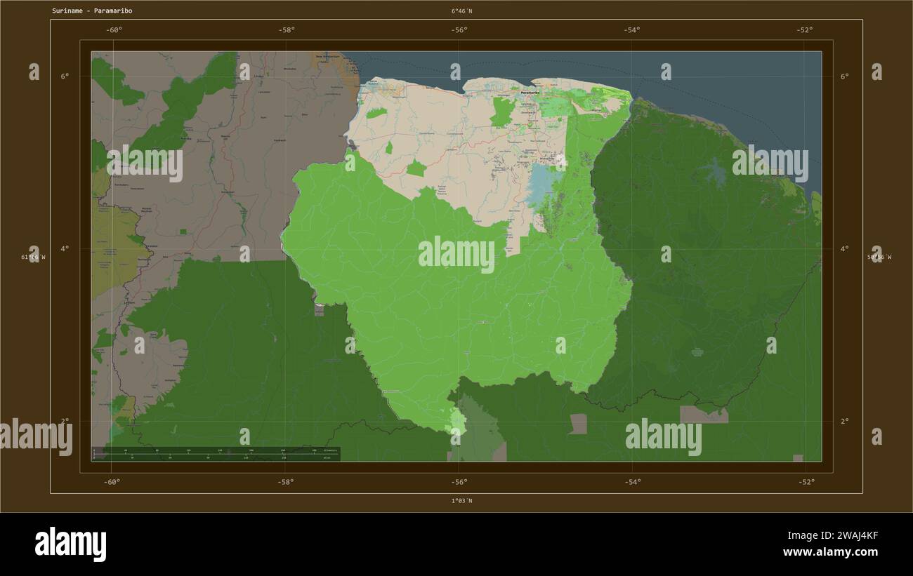 Suriname highlighted on a topographic, OSM France style map map with ...