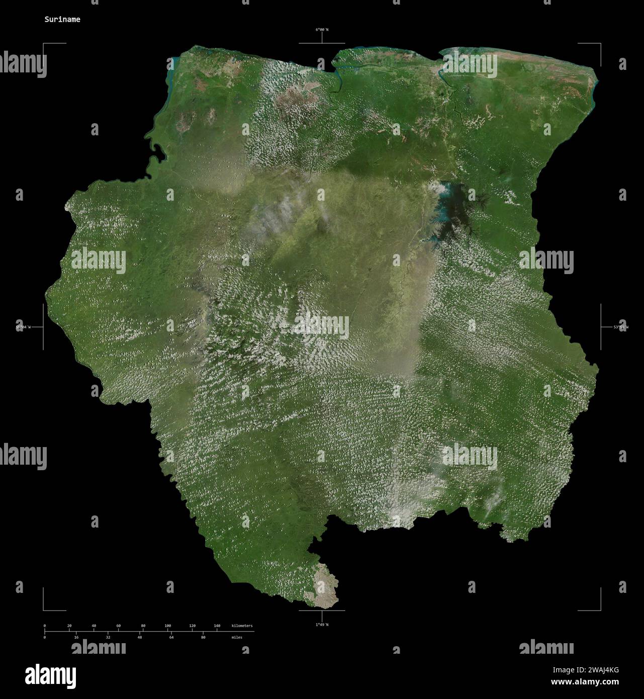 Shape of a high resolution satellite map of the Suriname, with distance ...