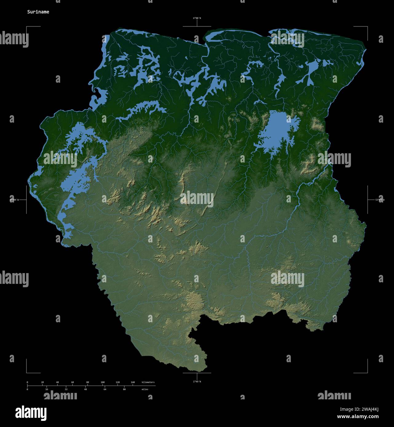 Shape of a Colored elevation map with lakes and rivers of the Suriname, with distance scale and ...