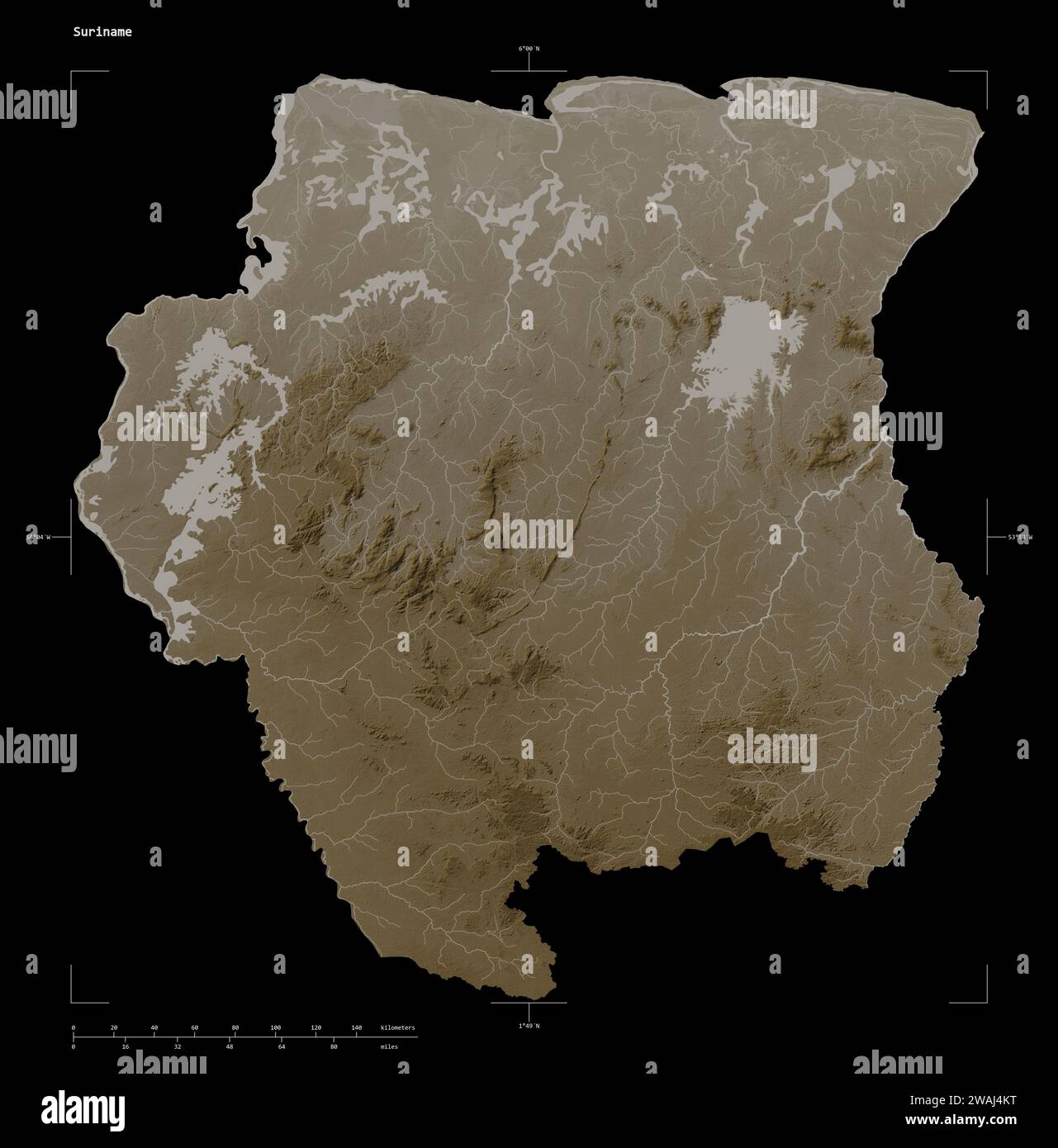 Shape of a elevation map colored in sepia tones with lakes and rivers of the Suriname, with ...