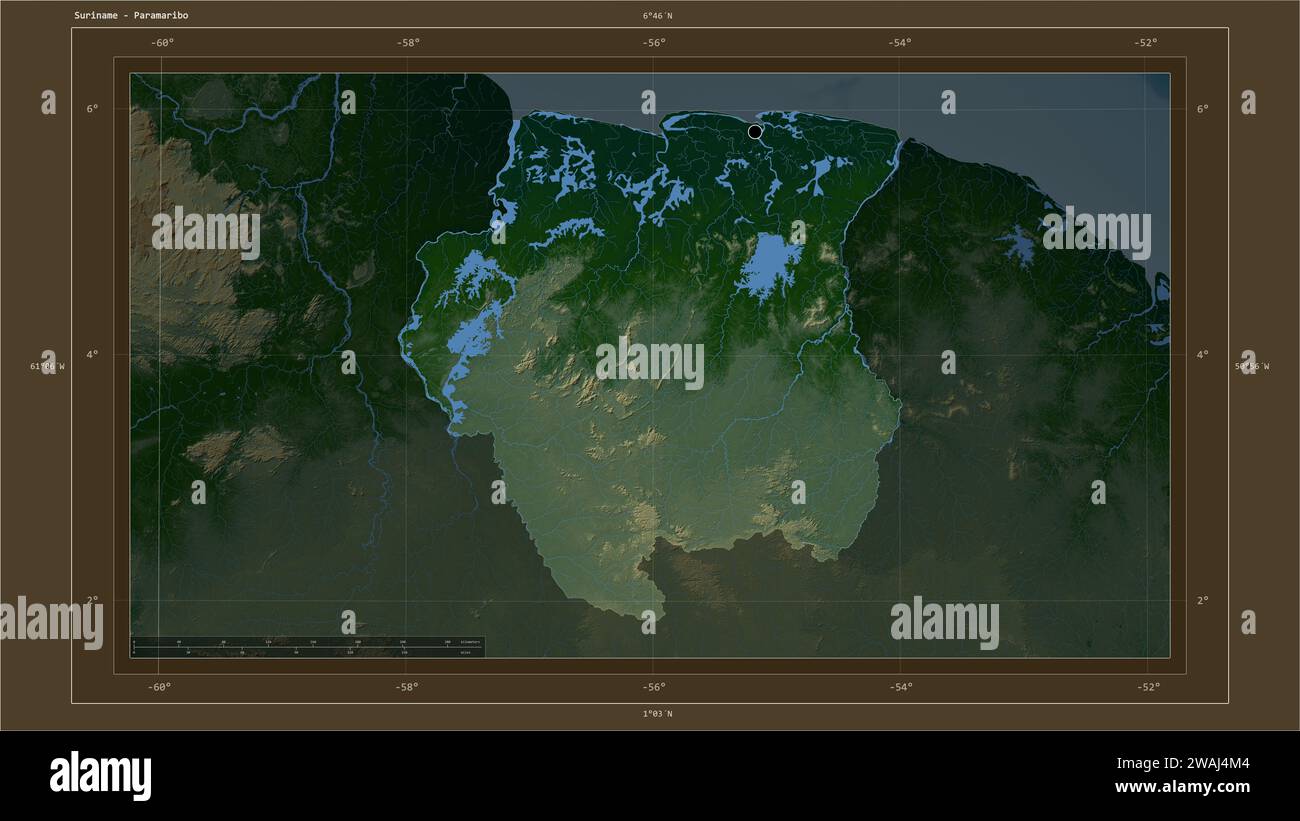 Suriname highlighted on a Colored elevation map with lakes and rivers map with the country's ...