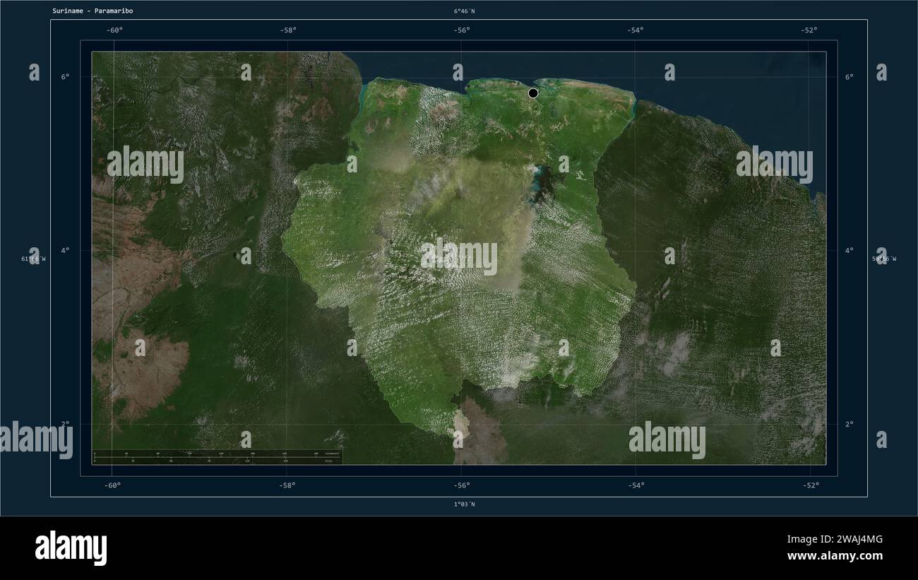 Suriname highlighted on a high resolution satellite map map with the country's capital point ...