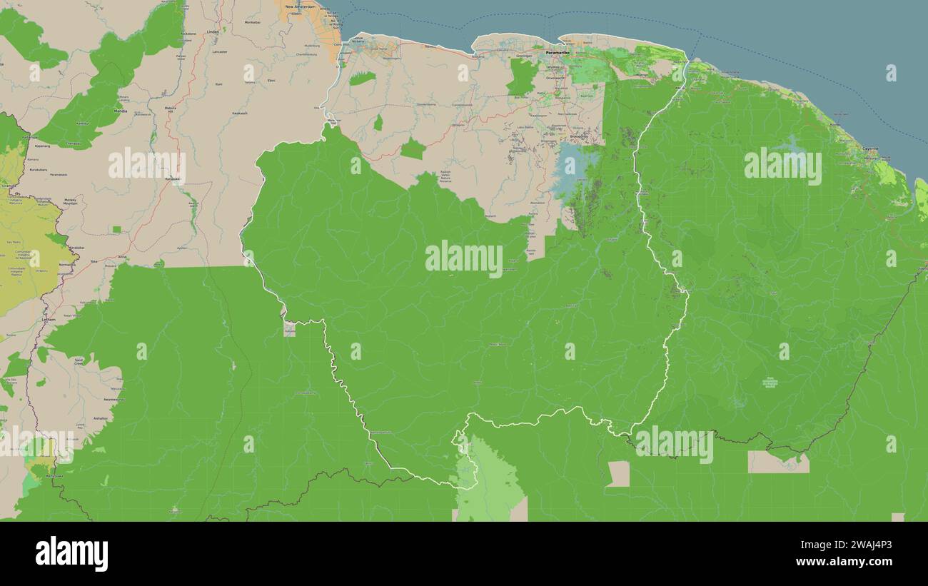 Suriname outlined on a topographic, OSM France style map Stock Photo ...