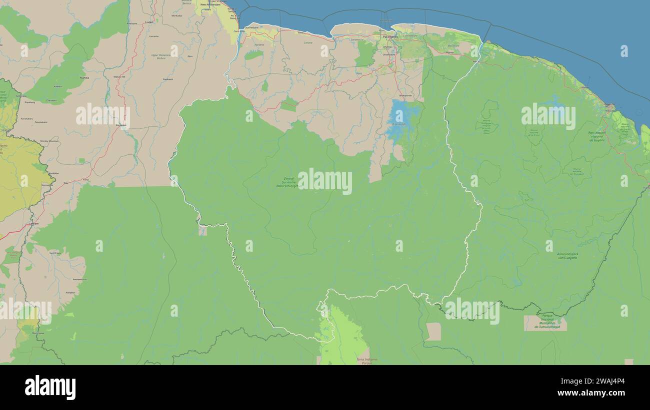 Suriname outlined on a topographic, OSM Germany style map Stock Photo ...
