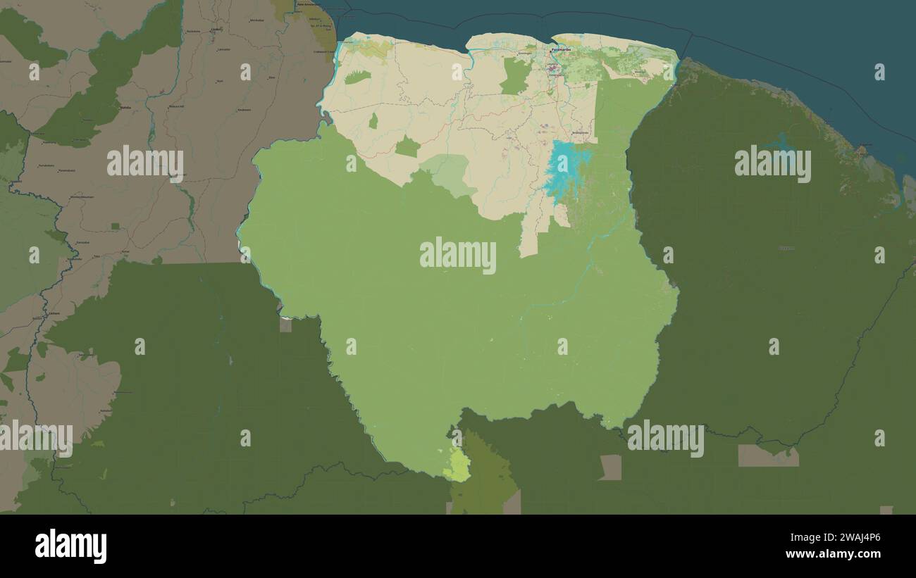 Suriname highlighted on a topographic, OSM Humanitarian style map Stock ...