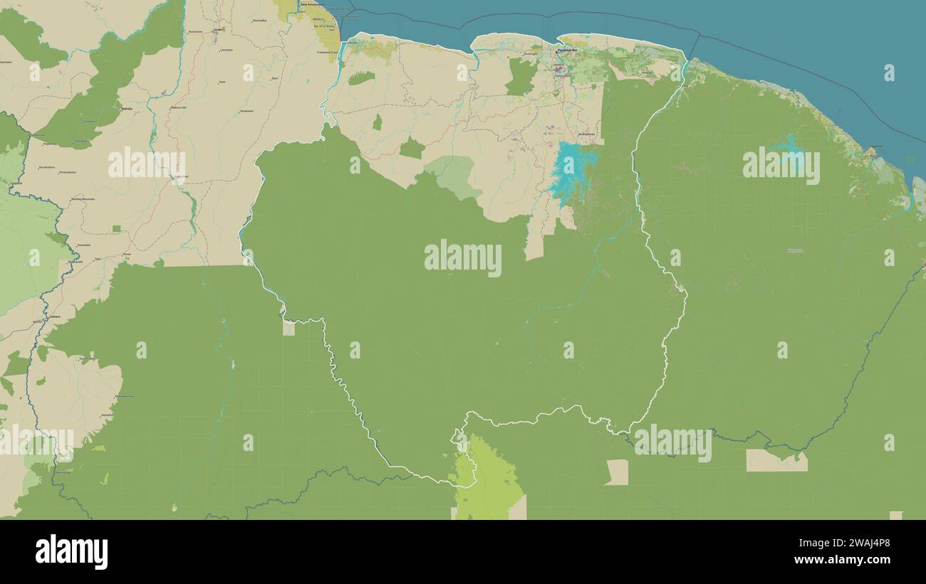 Suriname outlined on a topographic, OSM Humanitarian style map Stock ...