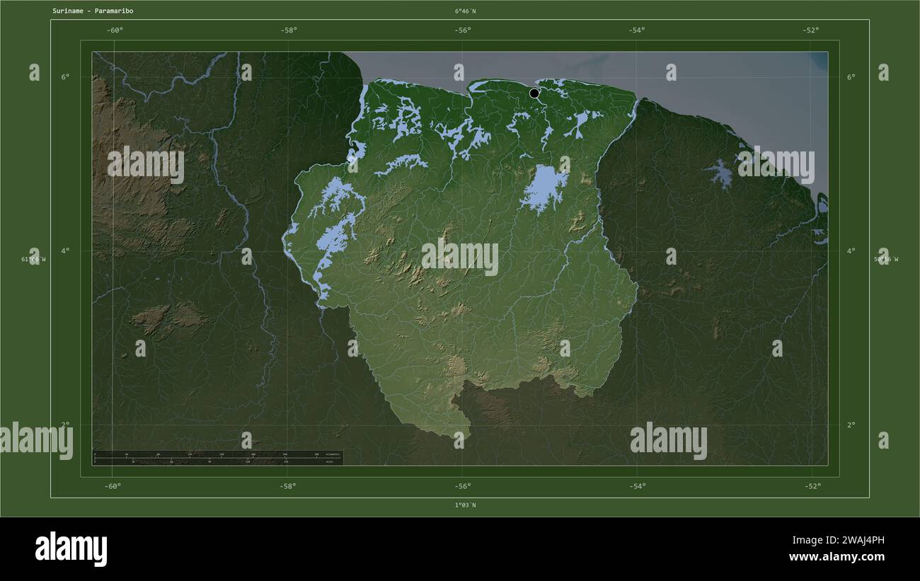 Suriname highlighted on a Pale colored elevation map with lakes and rivers map with the country ...