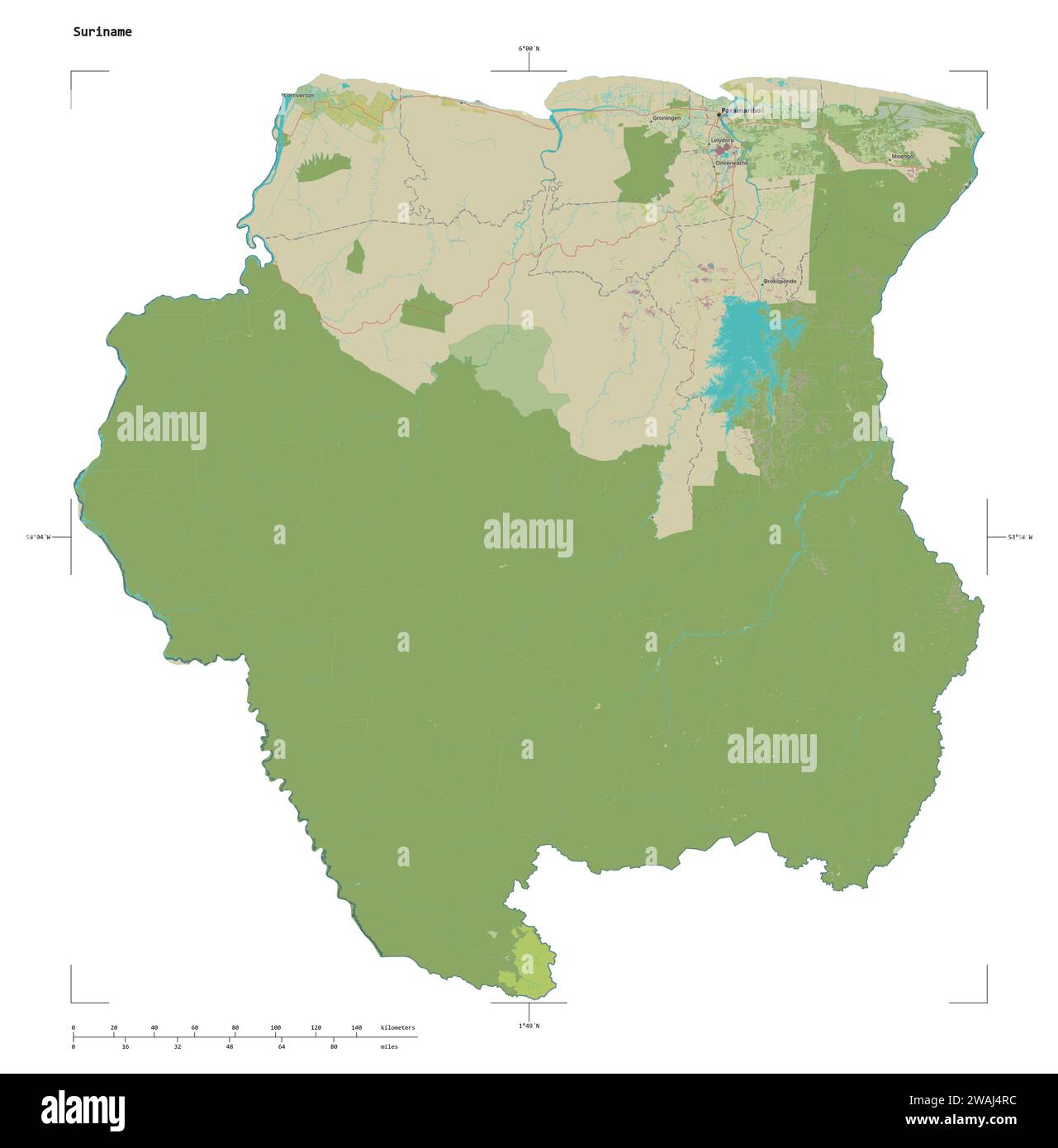 Shape of a topographic, OSM Humanitarian style map of the Suriname ...