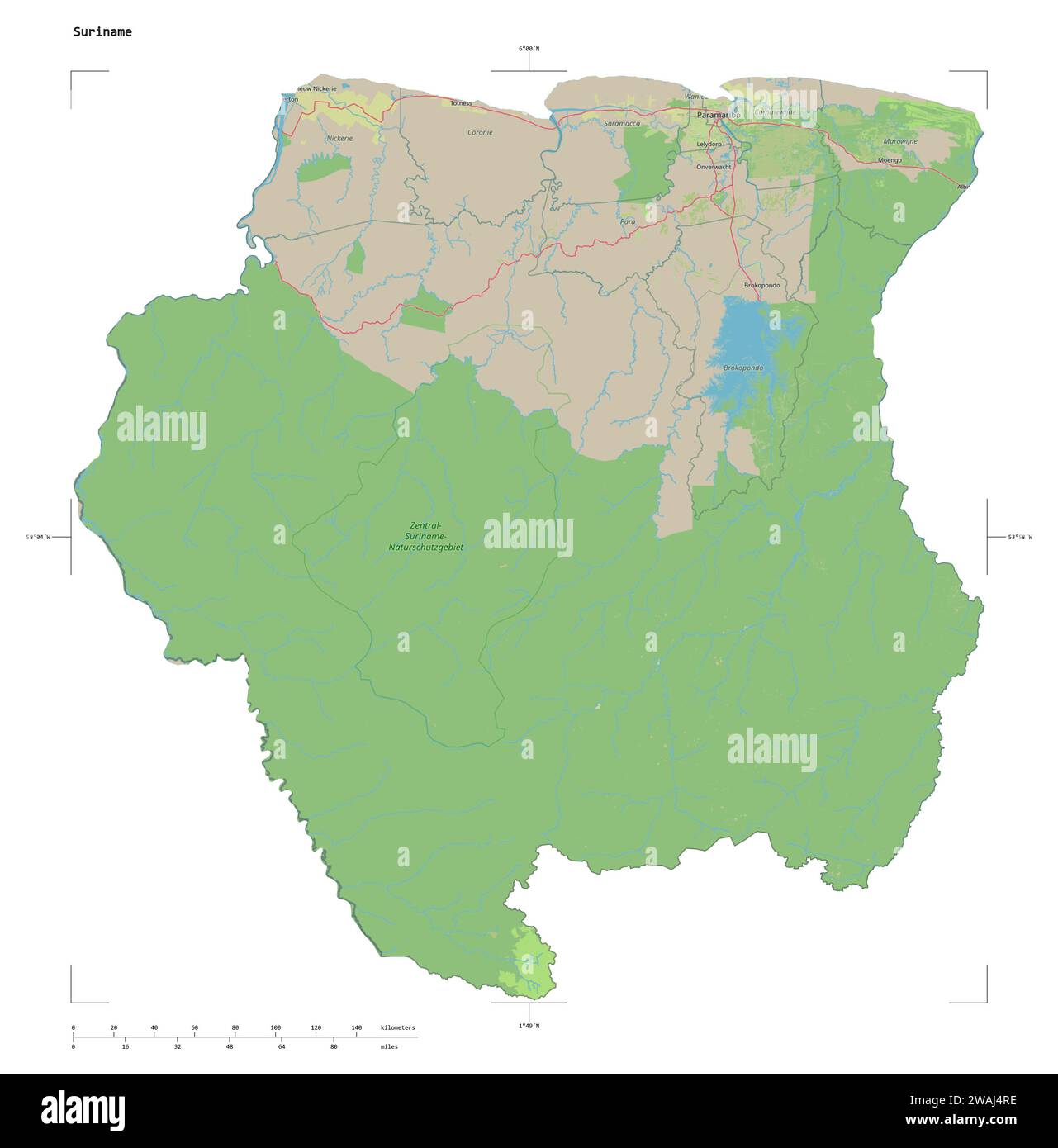 Shape of a topographic, OSM Germany style map of the Suriname, with distance scale and map ...