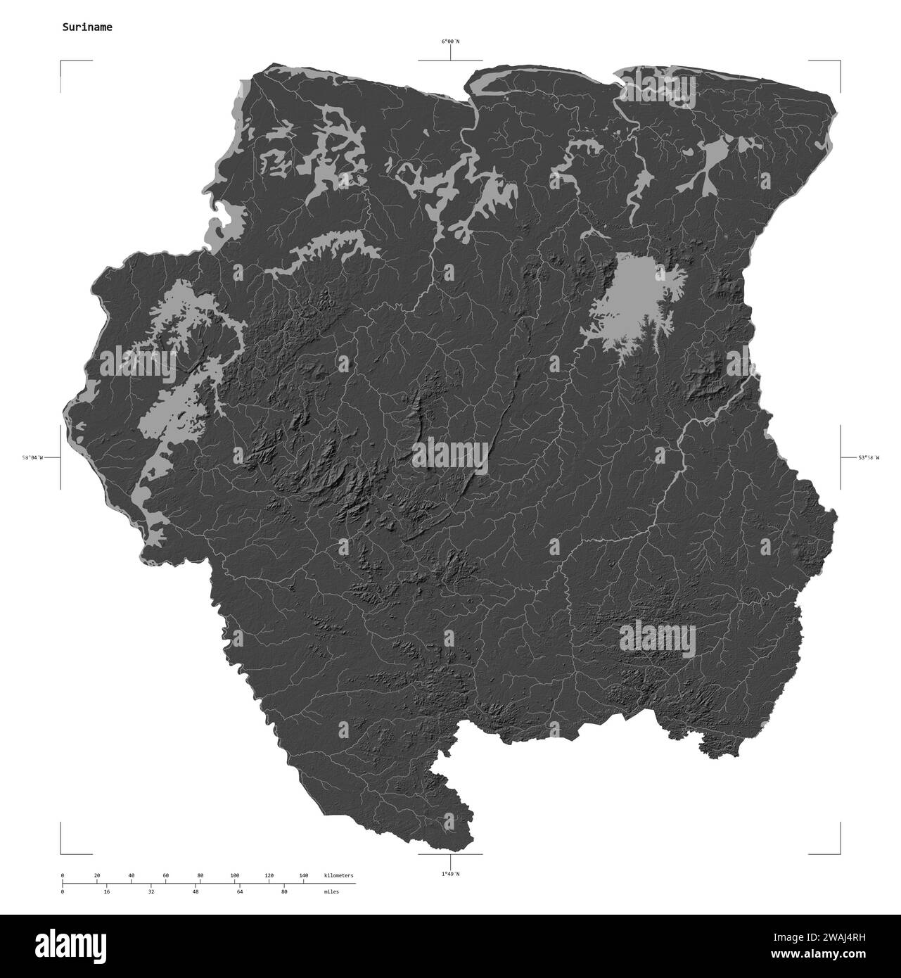 Shape of a Bilevel elevation map with lakes and rivers of the Suriname, with distance scale and ...