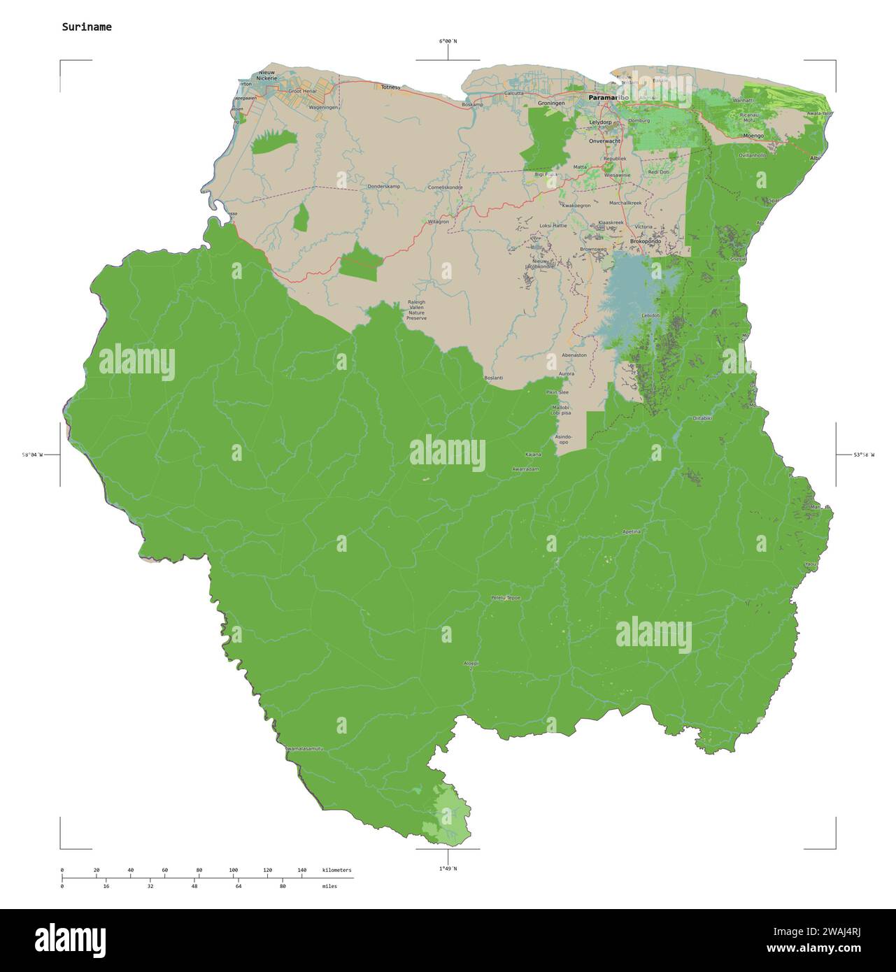 Shape of a topographic, OSM France style map of the Suriname, with ...