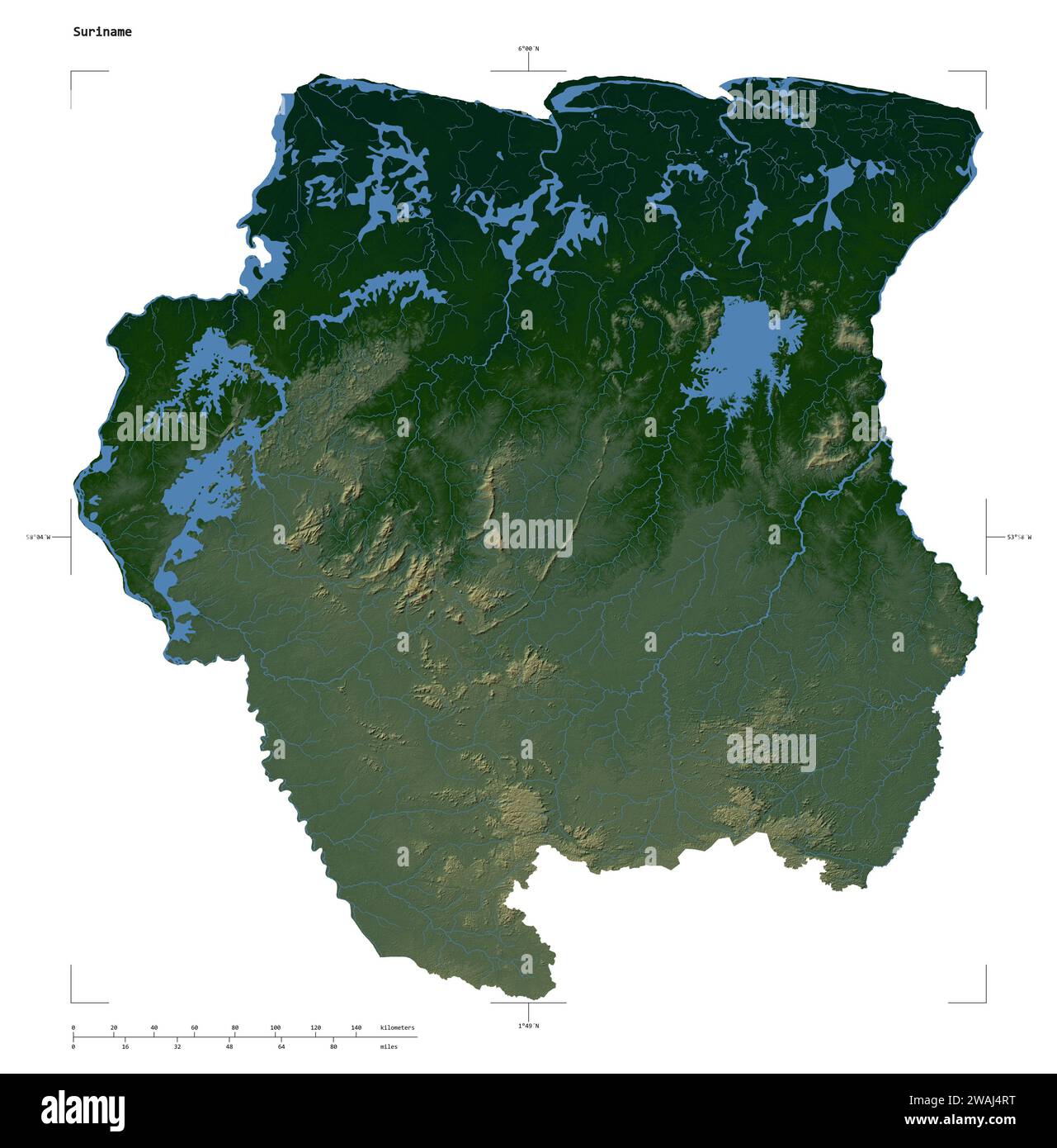 Shape of a Colored elevation map with lakes and rivers of the Suriname ...