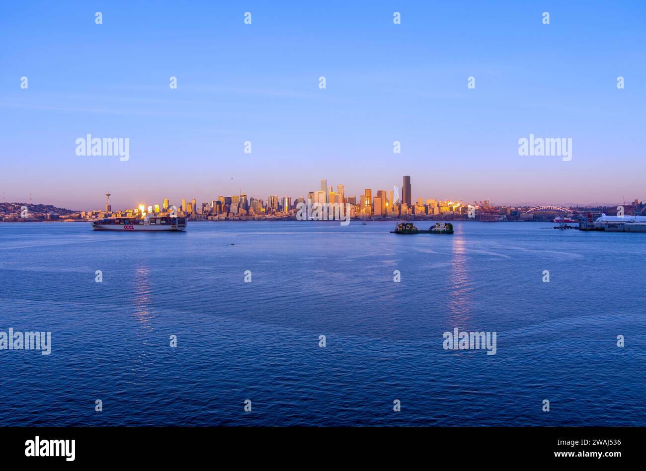 Aerial view of the Seattle, Washington waterfront skyline on Elliot Bay ...