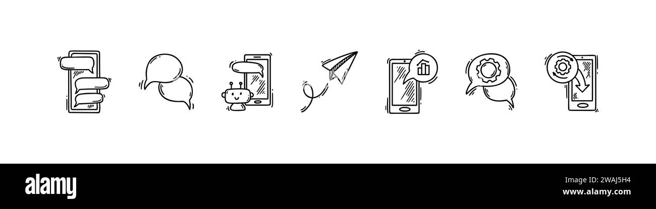 Using mobile phone doodle icon set. Hand drawn sketch online robot ...