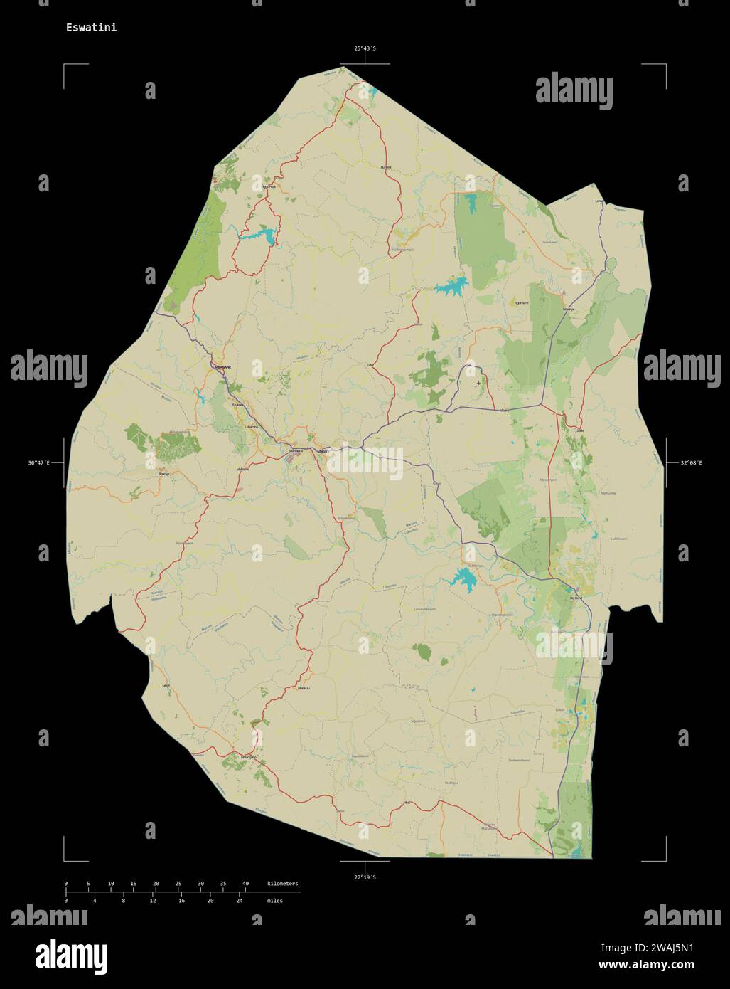 Shape of a topographic, OSM Humanitarian style map of the Eswatini ...