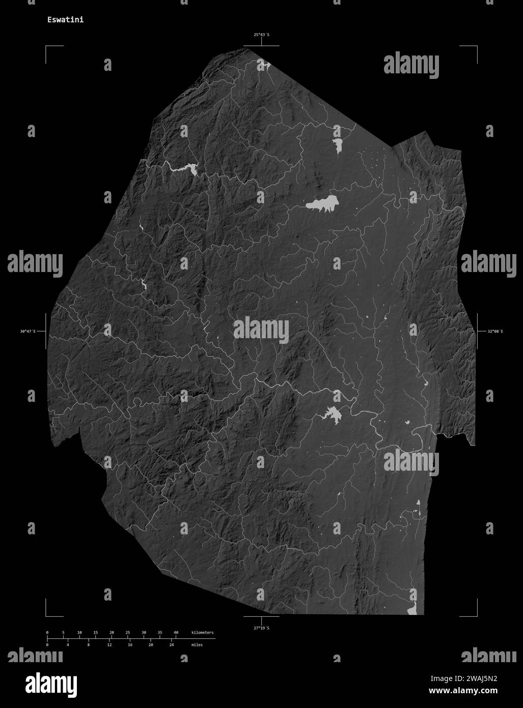 Shape of a Grayscale elevation map with lakes and rivers of the Eswatini, with distance scale ...