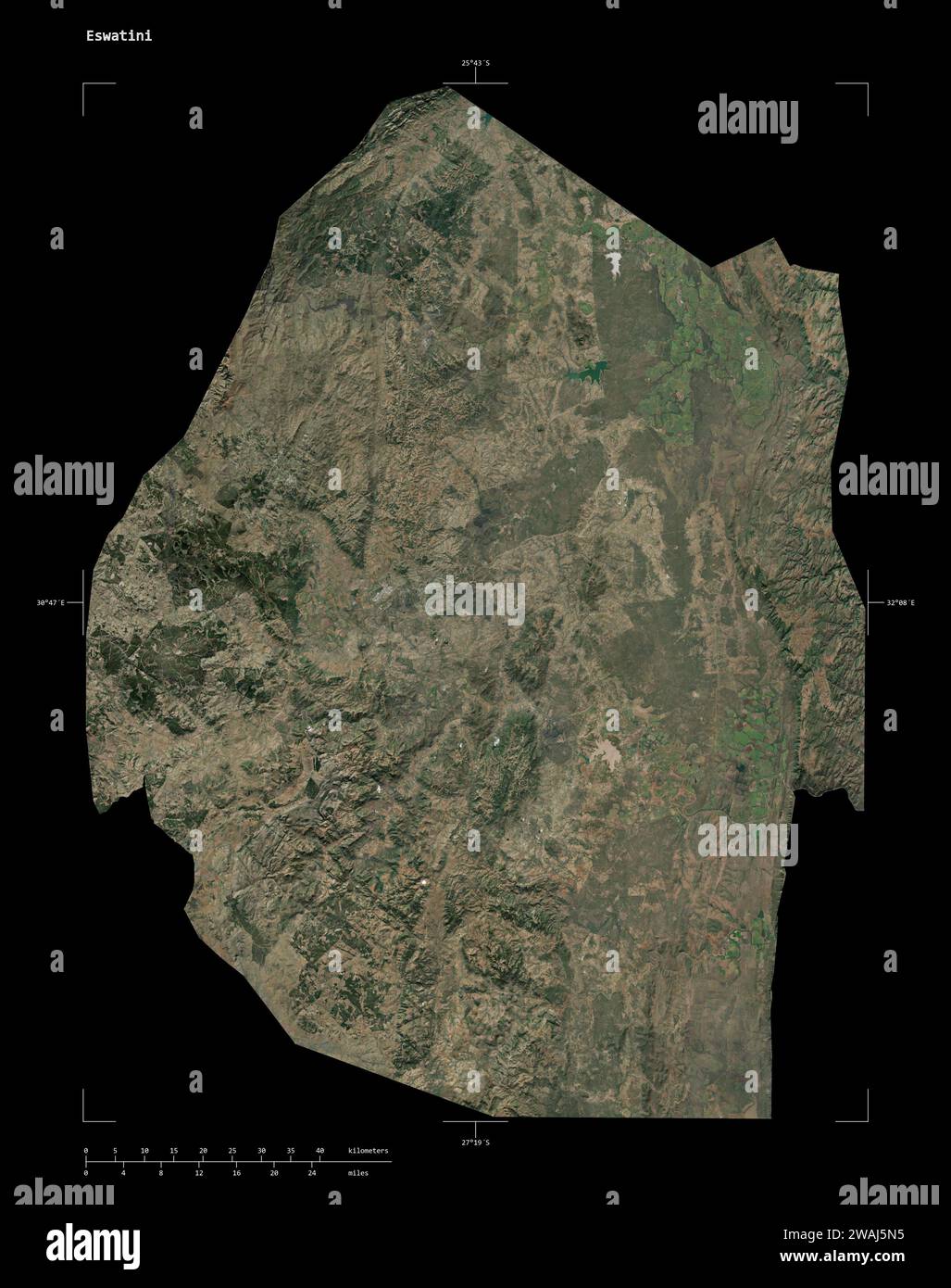 Shape of a low resolution satellite map of the Eswatini, with distance ...