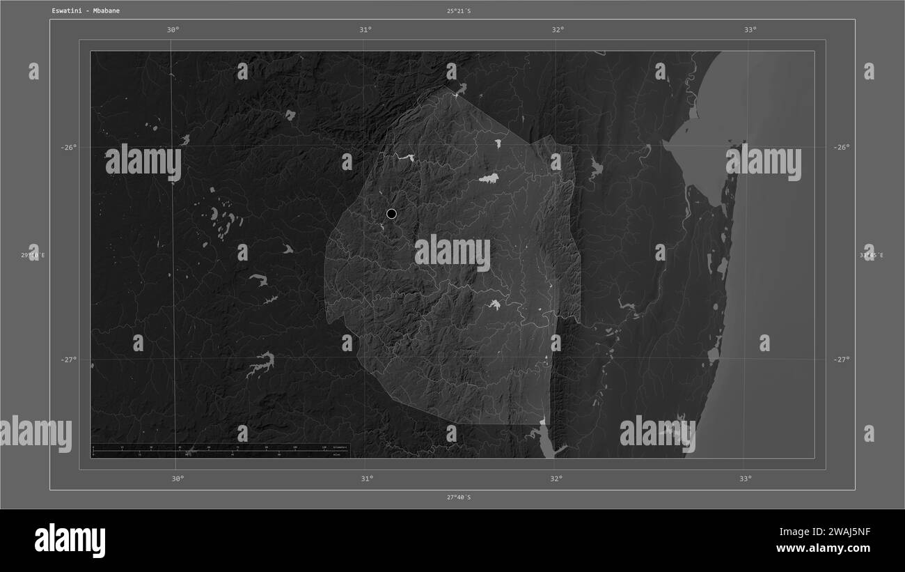 Eswatini highlighted on a Grayscale elevation map with lakes and rivers ...