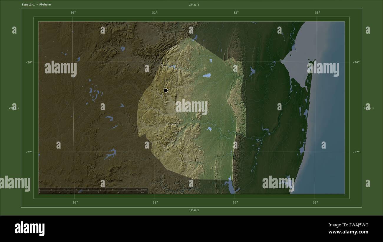 Eswatini highlighted on a Pale colored elevation map with lakes and ...