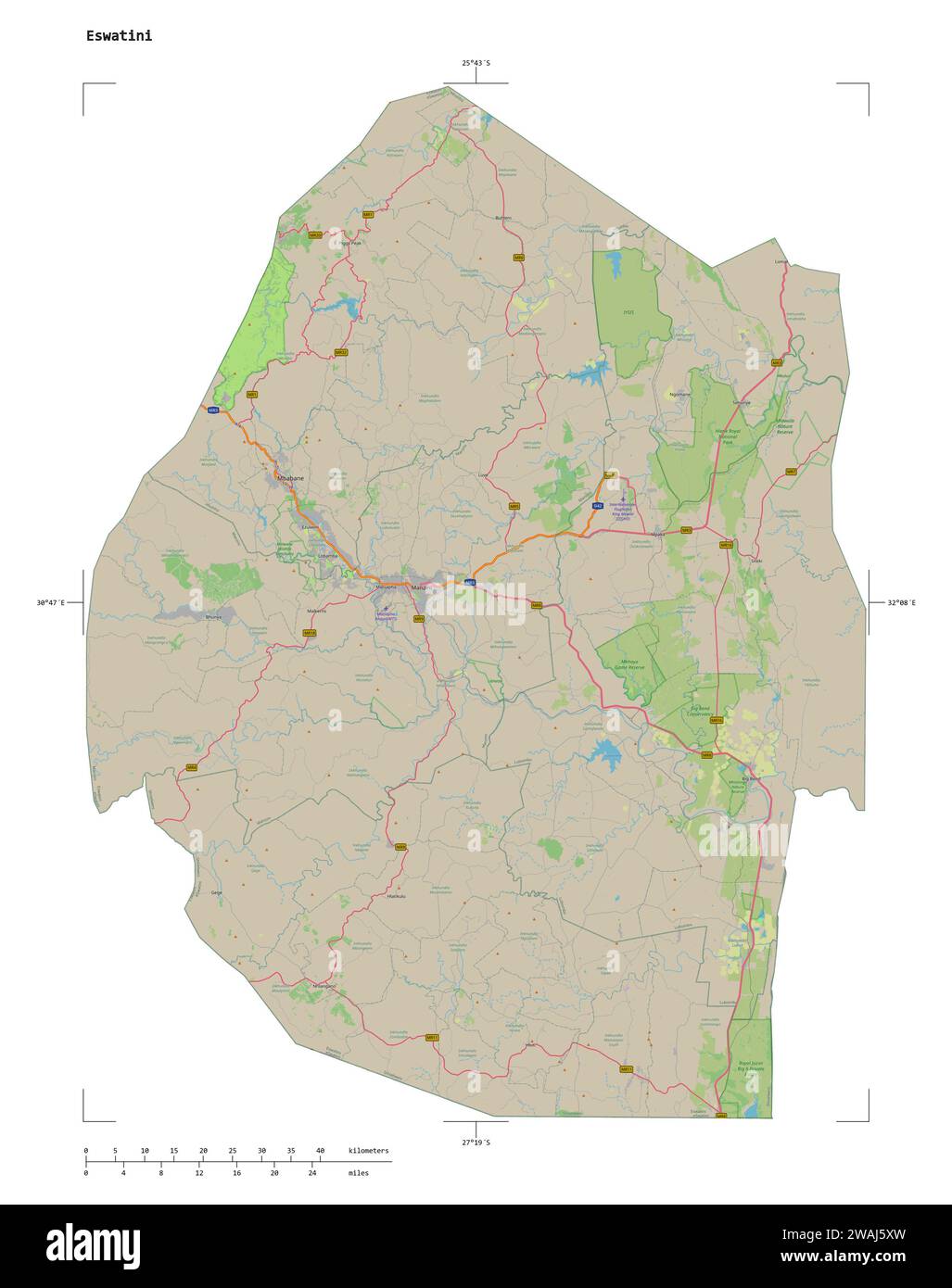 Shape of a topographic, OSM Germany style map of the Eswatini, with distance scale and map ...
