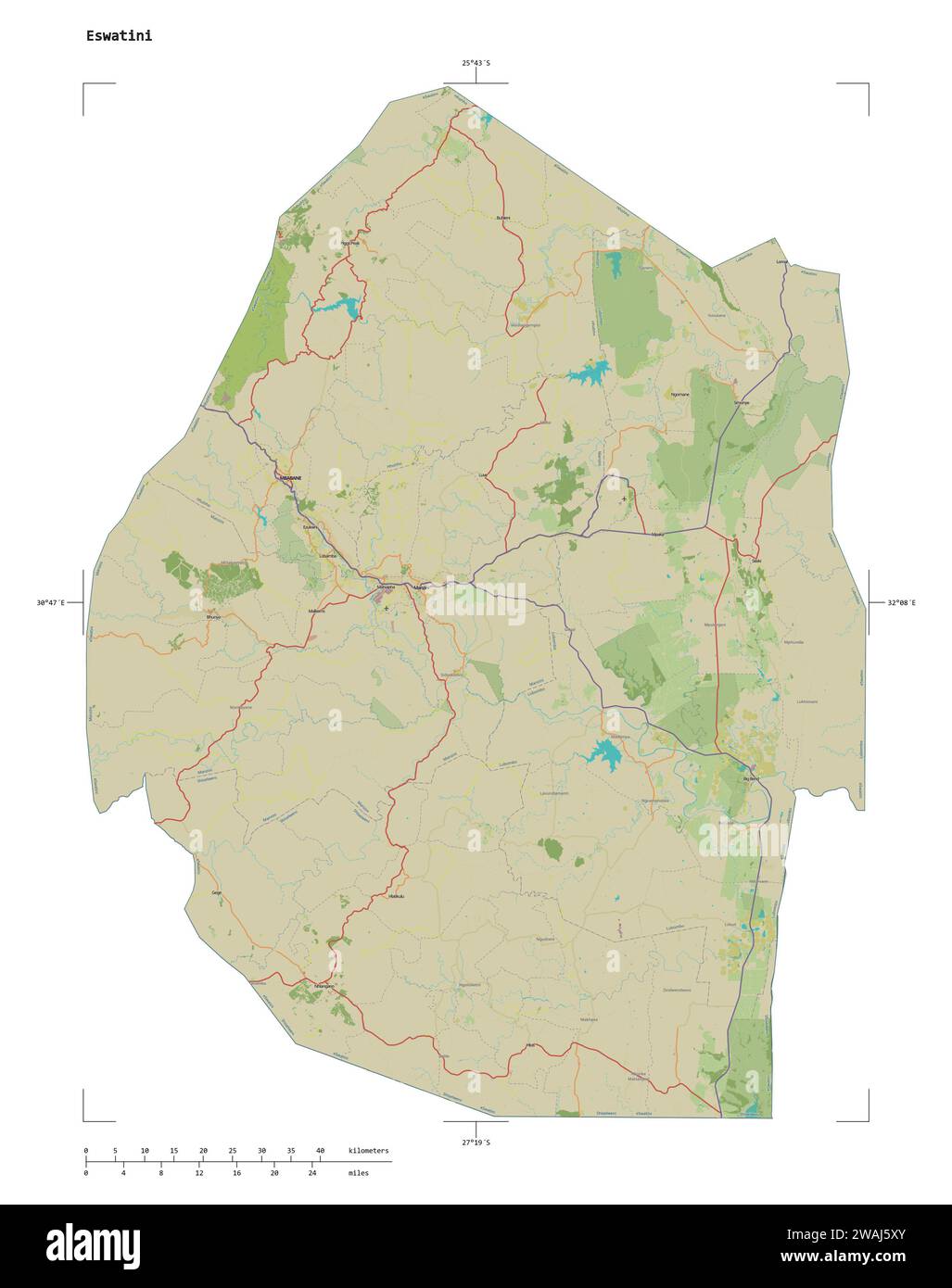 Shape of a topographic, OSM Humanitarian style map of the Eswatini ...