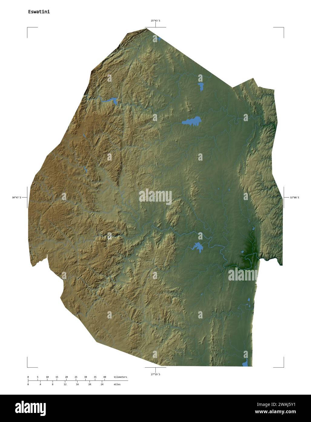 Shape of a Colored elevation map with lakes and rivers of the Eswatini ...