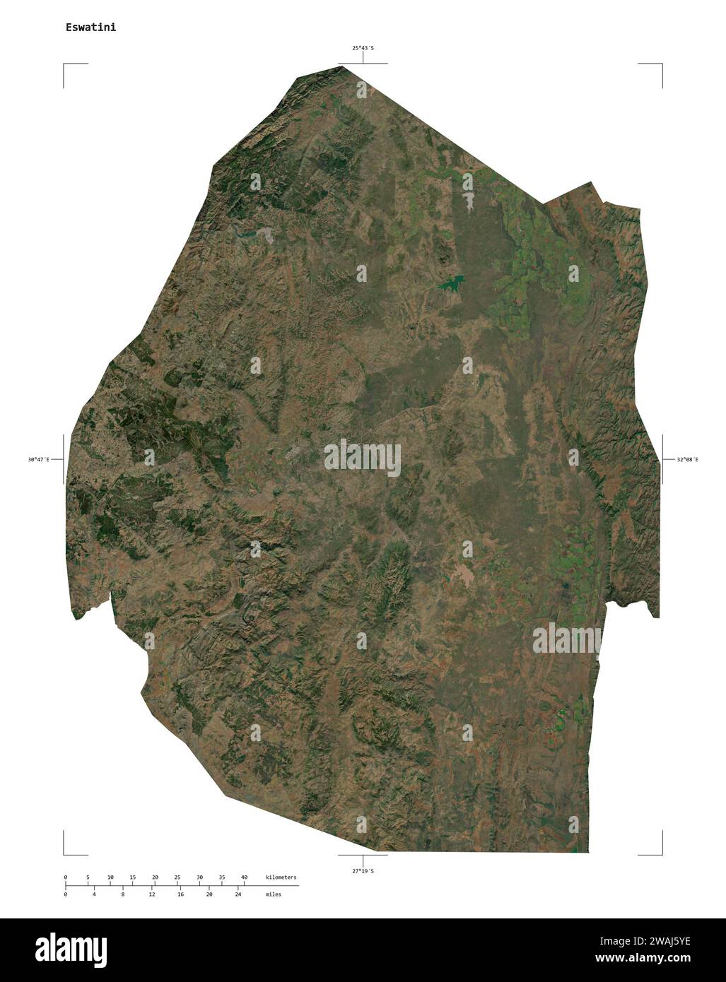 Shape of a high resolution satellite map of the Eswatini, with distance ...